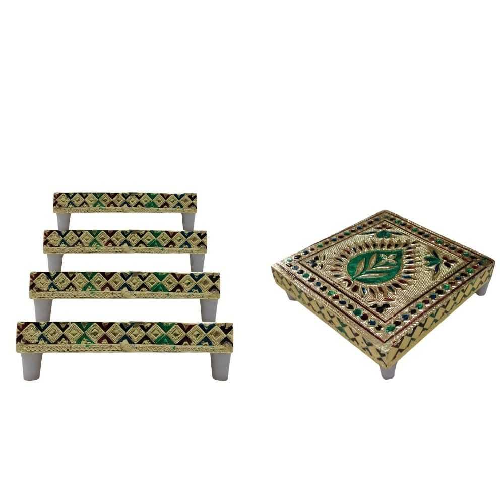 Wooden Puja Table (Patiya) Gold - New Dasu Metals
